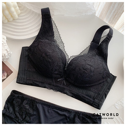 寧靜花園。無鋼圈花朵蕾絲深V調整型內衣 (黑)AB.C杯-Catworld