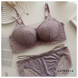 誘惑心機。無鋼圈前爆乳睫毛蕾絲性感露背內衣 (紫) AB杯-Catworld